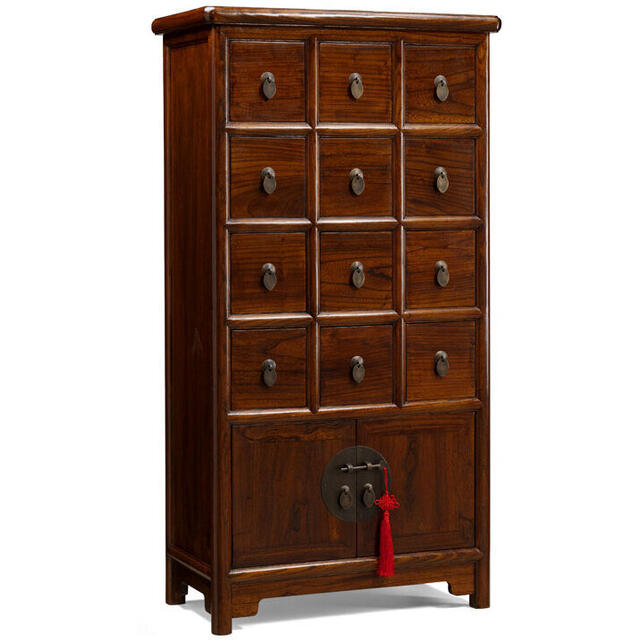 Chinese Tall Wooden Apothecary Cabinet Dark Elm with Brass Handles